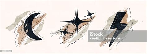 추상적 요소의 집합 달 마음 별 손으로 그린 유기 라인 점 내부에 고립 된 배너 미니멀리즘 보헤미안 아트 스타일 용지 인쇄 배너 엽서용 개념에 대한 스톡 벡터 아트 및 기타