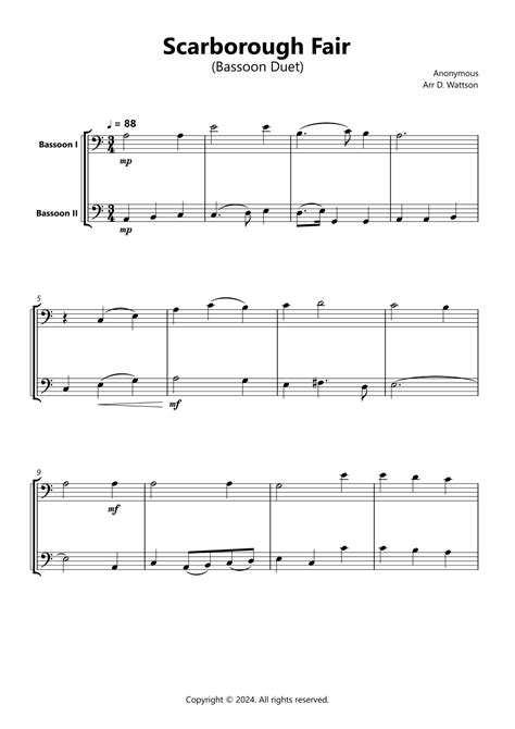 Scarborough Fair For Bassoon Duet Arr D Wattson By Anonymous Sheet