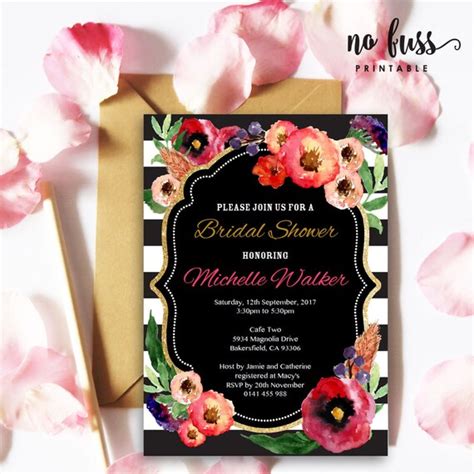 Black And White Stripe Gold Glitter Bridal Shower Invitation Etsy