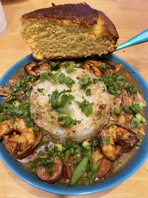 Homemade Chicken Andouille Sausage And Shrimp Gumbo W Corn Bread R
