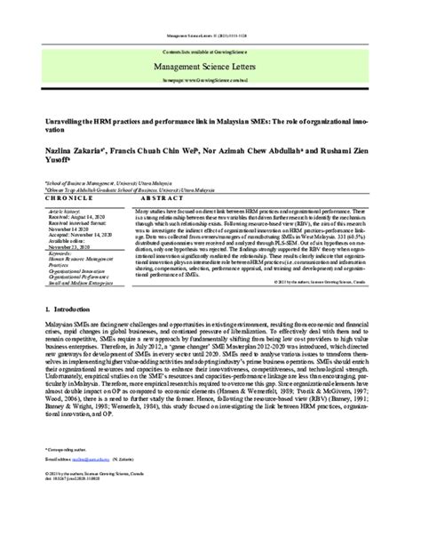 Pdf Unravelling The Hrm Practices And Performance Link In Malaysian Smes The Role Of