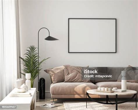 프레임 모형 Iso A 용지 크기 거실 벽 포스터 모형 집 배경이 있는 인테리어 모형입니다 모던한 인테리어 디자인 3d 렌더링 0명에 대한 스톡 사진 및 기타 이미지
