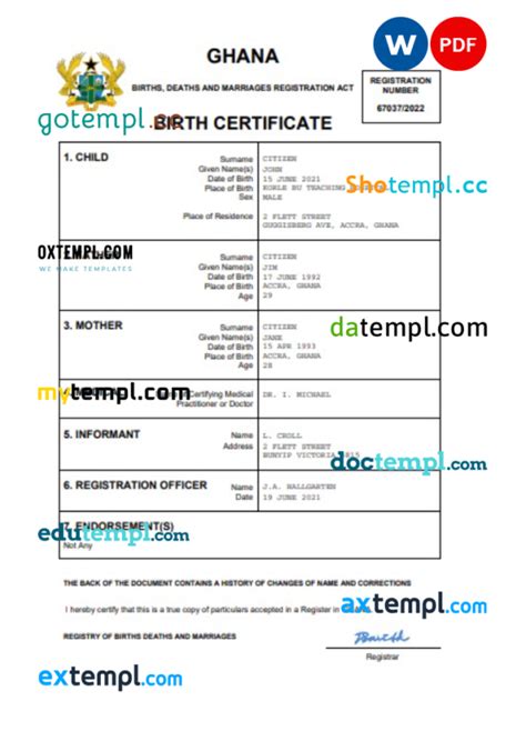 Editable Template Ghana Vital Record Birth Certificate Word And Pdf