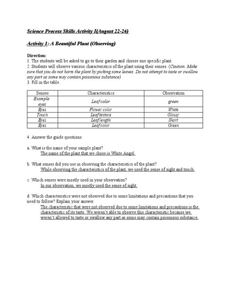 Science Process Skills Activity I Pdf Shrub Trees