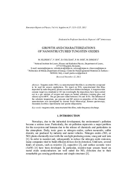 Pdf Growth And Characterizations Of Nanostructured Tungsten Oxides Maria Dinescu