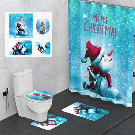 Amazon Merry Christmas Shower Curtain Sets For Bathroom 4PCS Xmas
