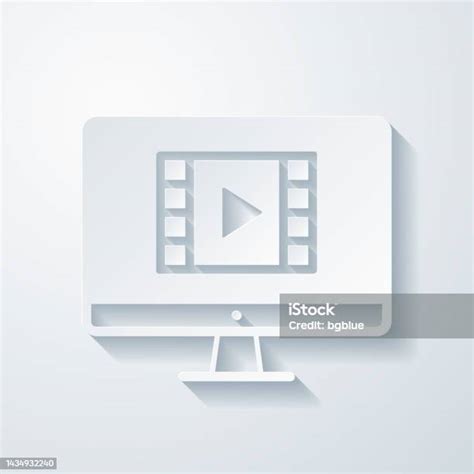 데스크톱 컴퓨터에서 비디오를 시청하십시오 빈 배경에 종이 잘라내기 효과가 있는 아이콘 3차원 형태에 대한 스톡 벡터 아트 및