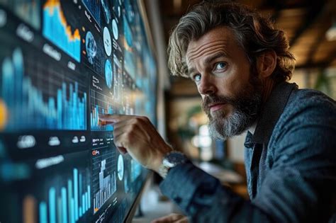 Focused Businessman Analyzing Data On A Large Screen With A Serious Expression Premium Ai