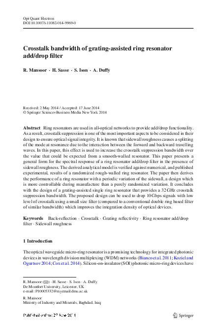 pdf crosstalk bandwidth of grating assisted ring resonator add drop