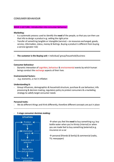 Notes FROM Consumer Behaviour Lecture CONSUMER BEHAVIOUR WEEK 1 LECTURE Introduction Into