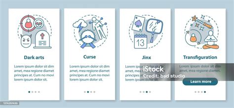 선형 개념과 모바일 앱 페이지 화면을 온보딩 어두운 마법 변형 저주 징크스 연습 단계 그래픽 지침 위치 크래프트 Ux Ui 그림과 Gui 벡터 템플릿 4에 대한 스톡 벡터
