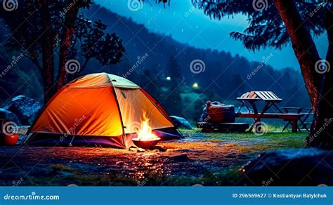 Tent Is Lit Up With Fire In The Middle Of Field Generative Ai Stock