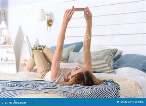 Beautiful Girl Making Selfie On The Bed At Home Stock Image Image Of