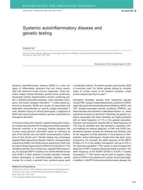 Pdf Systemic Autoinflammatory Disease And Genetic Testing
