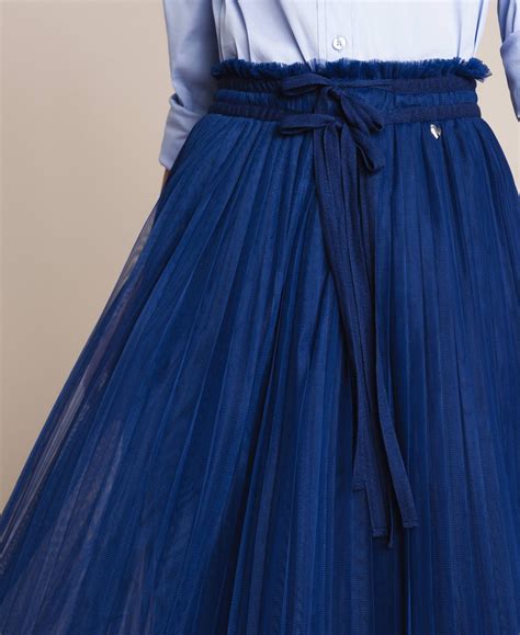 Jupe Mi Longue En Tulle Plissé Femme Bleu Twinset Milano