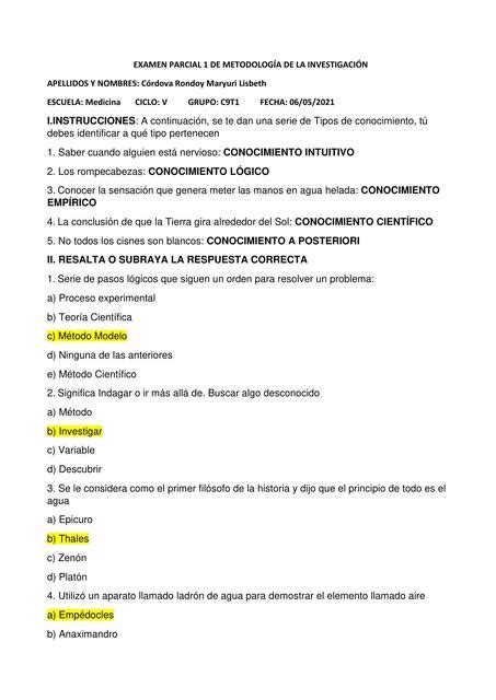 Examen Parcial 1 de Metodología de la Investigación MARYURI LISBETH