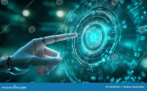 Robotic Hand Interacting With Futuristic Digital Interface Stock