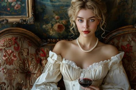 Beautiful Woman In A White Evening Dress With A Glass Of Wine Reading A