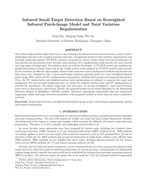 Pdf Infrared Small Target Detection Based On Reweighted Infrared Patch Image Model And Total