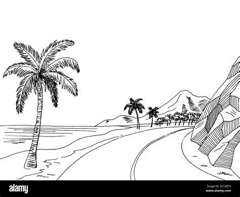 Sea Coast Road Graphic Art Black White Landscape Sketch Illustration