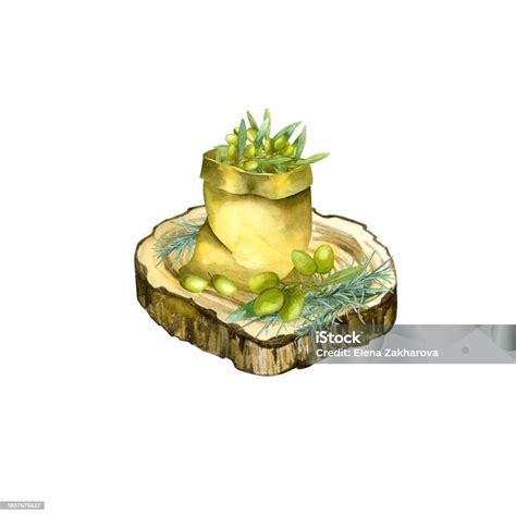 손으로 그린 수채화 그림 딸기 과일 캔버스 린넨 가방과 올리브 가지 고립 된 요소 오래 된 정원 가방 0명에 대한 스톡 벡터