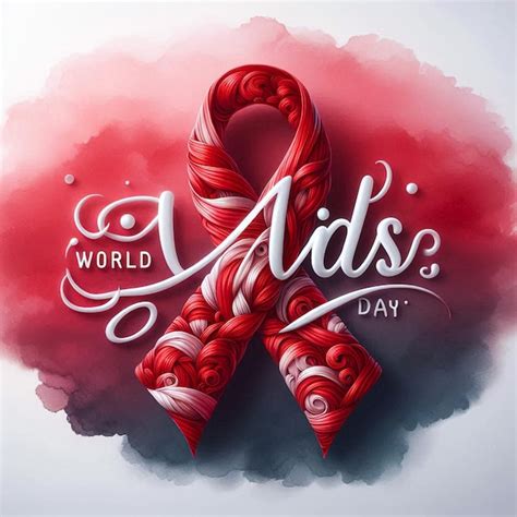Intertwined Red And White Fabric Ribbon With World Aids Day Text On Watercolor Gradient