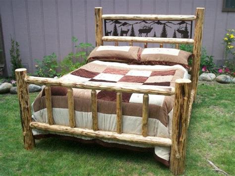 KING Size Complete Rustic IRON Style Pine Log Bed Frame W Wildlife Scene Log Bed Frame Bed