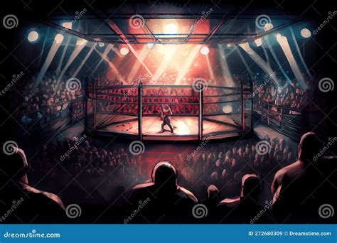 Cage Fight Arena With Audience Of Screaming Fans And Flashing Cameras