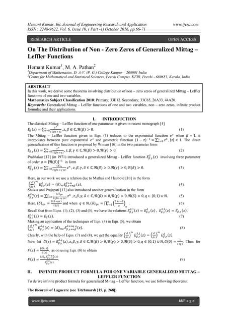 On The Distribution Of Non Zero Zeros Of Generalized Mittag Leffler