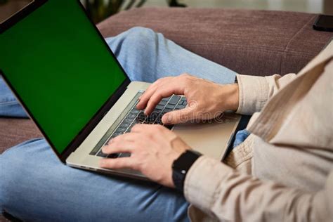 Male Hands Typing On Laptop Keyboard Close Up Stock Image Image Of