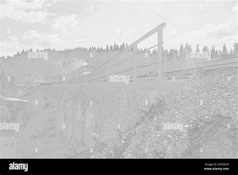 Train Passing Railway Bridge Near Forest Engraving Hand Drawn Sketch Train Passing Railway Bridge Near Forest Engraving Hand Drawn Sketch