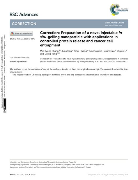 Pdf Correction Preparation Of A Novel Injectable In Situ Gelling Nanoparticle With