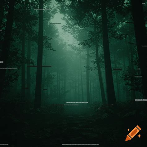 A Dark Misty Forest With Tall Trees And A Faint Path Viewed With