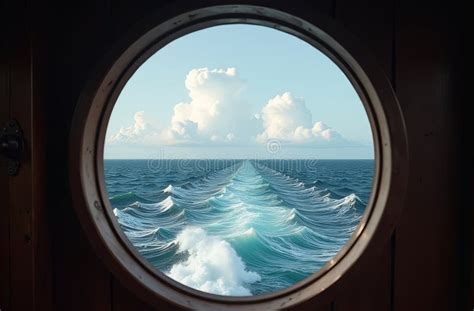 Porthole Window On A Board Of The Ship View On Ocean Waves During A