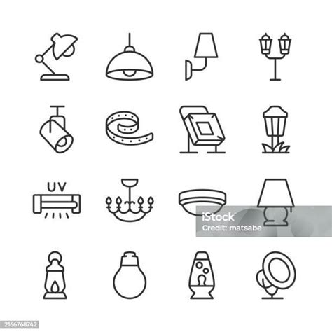램프 조명 샹들리에 등 다양한 용도의 아이콘 세트 다양한 유형의 조명기구 가정 실외 및 특수 조명 편집 가능한 획이 있는 선 Led 조명에 대한 스톡 벡터 아트 및 기타