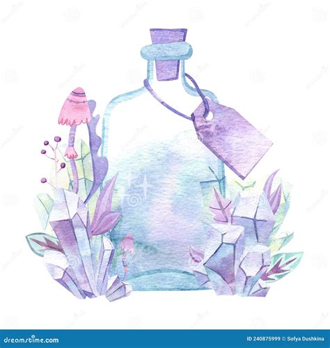 Watercolor Magic Bottle With Crystals And Floral Elements Glass