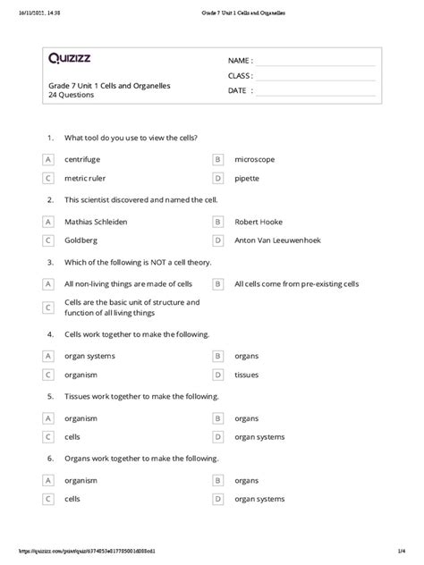 Grade 7 Unit 1 Cells And Organelles Pdf Cell Biology Organelle