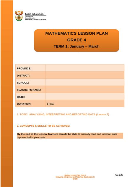 Grade 4 Term 1 Data Handling Lesson 7 Pdf Pie Chart Homework