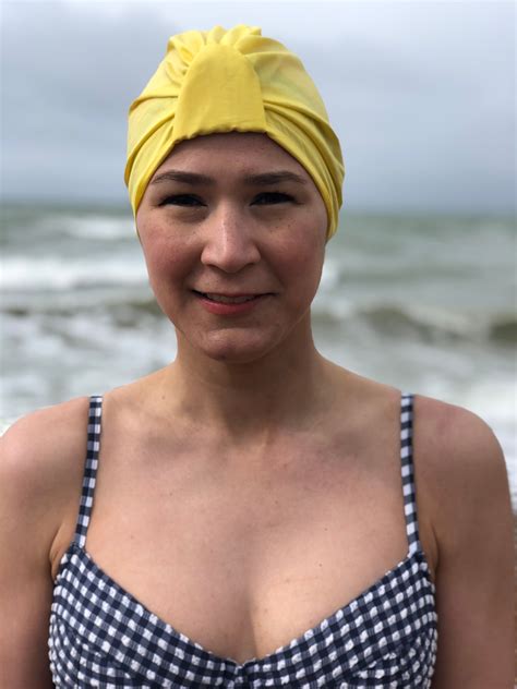 Salty Sea Knot Swimming Cap Topper Swim Turban Yellow Silk And Lawn