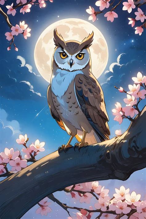 A Beautiful Wise Owl Perched On A Branch In A Spring Night With Sakura