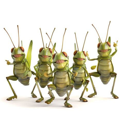 Five Cartoon Grasshoppers In A Row Smiling And Standing Premium Ai