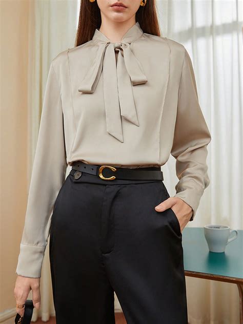Shein Bizwear Solid Tie Neck Satin Blouse Negative Apparel