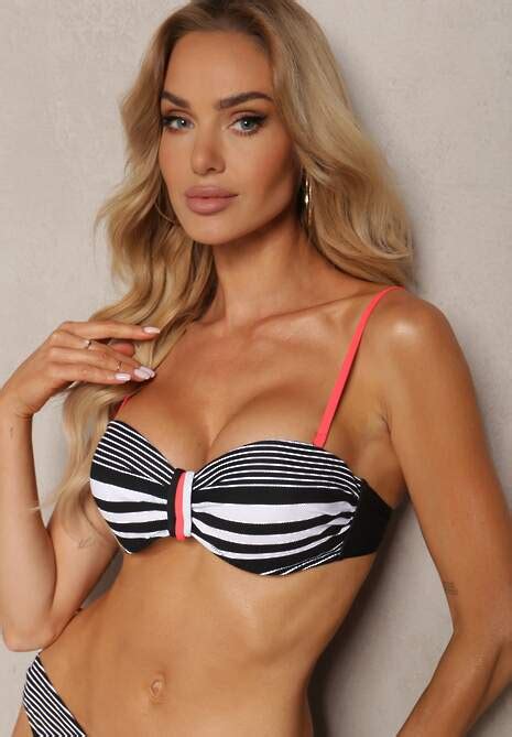 Czarno Białe Dwuczęściowe Bikini w Paski Biustonosz z Jaskrawymi