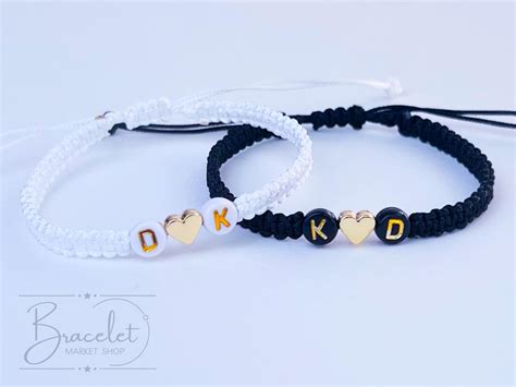 Set Of 2 Custom Couple Initial Bracelets With Gold Heart Personalized