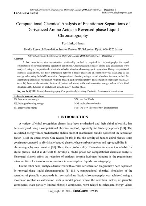 Pdf Computational Chemical Analysis Of Enantiomer Separations Of