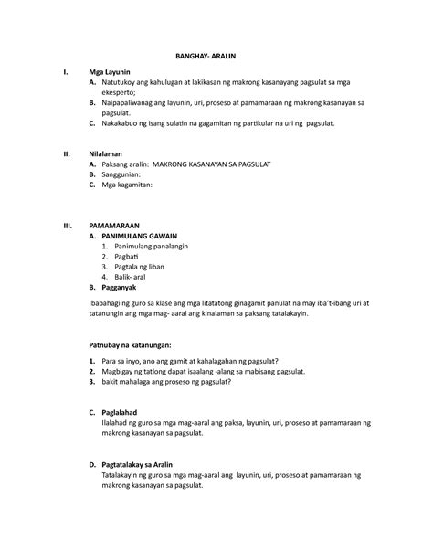 Semi Detailed Lesson Plan Banghay Aralin I Mga Layunin A Natutukoy Ang Kahulugan At
