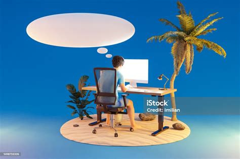 고립된 열대 섬 환경에서 Pc 사무실 작업장에 앉아 있는 남자 무한 배경 작업량 스트레스 소진 개념 3d 일러스트레이션 0명에