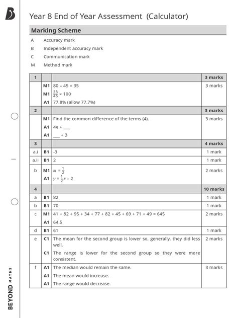 Y8 End Of Year Mark Scheme Calculator Pdf