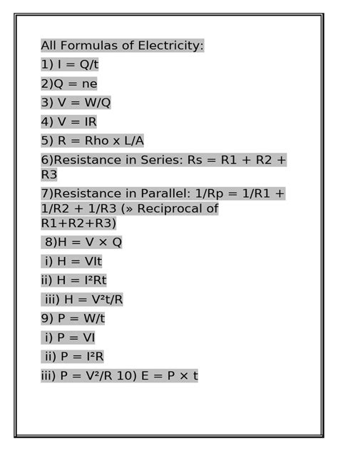 Physics Electricity Formula Sheet Pdf