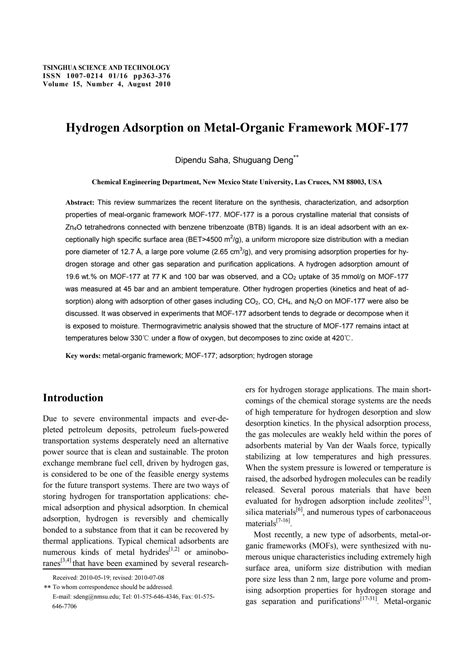 Solution Hydrogen Adsorption On Metal Organic Framework Mof 177